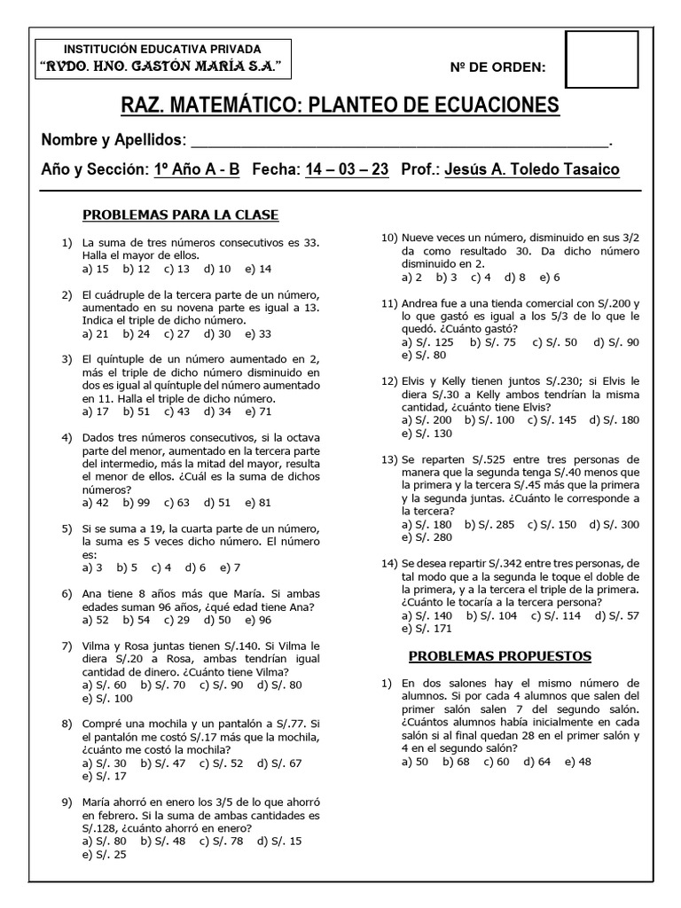 1° Año de Secundaria-Rm-Planteo de Ecuaciones-Problemas-Gm2023 | PDF