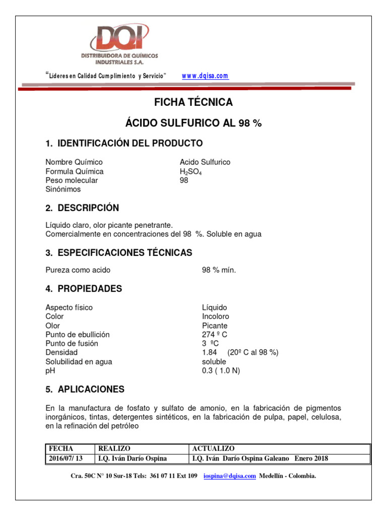 Ficha Tecnica Acido Sulfurico | PDF | Ácido sulfúrico | Solubilidad