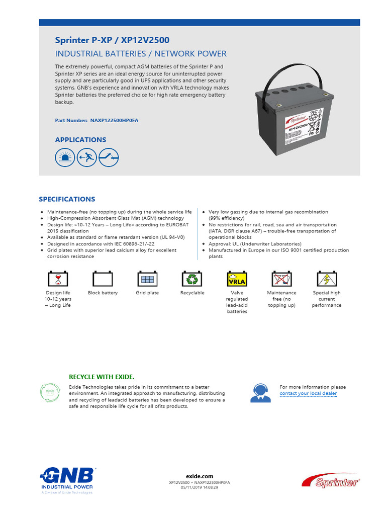 Sprinter XP12V2500 Battery Data Sheet | PDF | Electric Power | Physical ...
