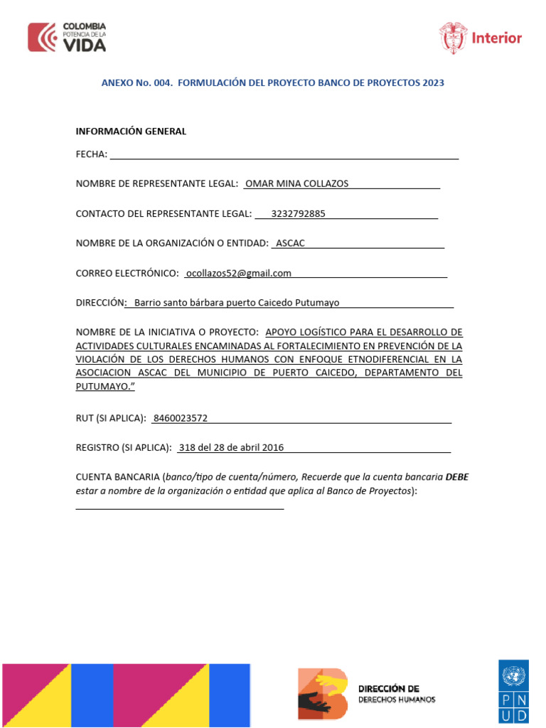 Anexo 004 Formulacion Del Proyecto Banco de Proyectos 2023 1 | PDF | Valores | Derechos humanos