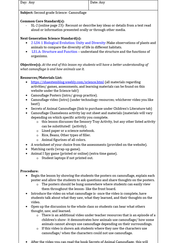 Science Lesson Plan | PDF | Camouflage | Thought