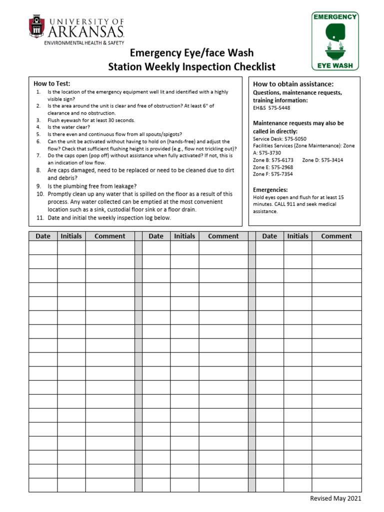 Eyewash Weekly Inspection Checklist May2021 | PDF | Home & Garden
