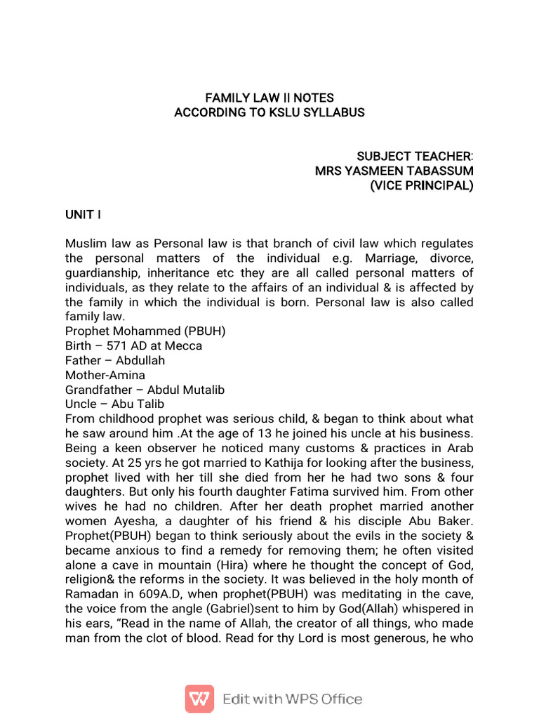 Family Law - Unit I Notes | PDF | Muhammad | Sharia