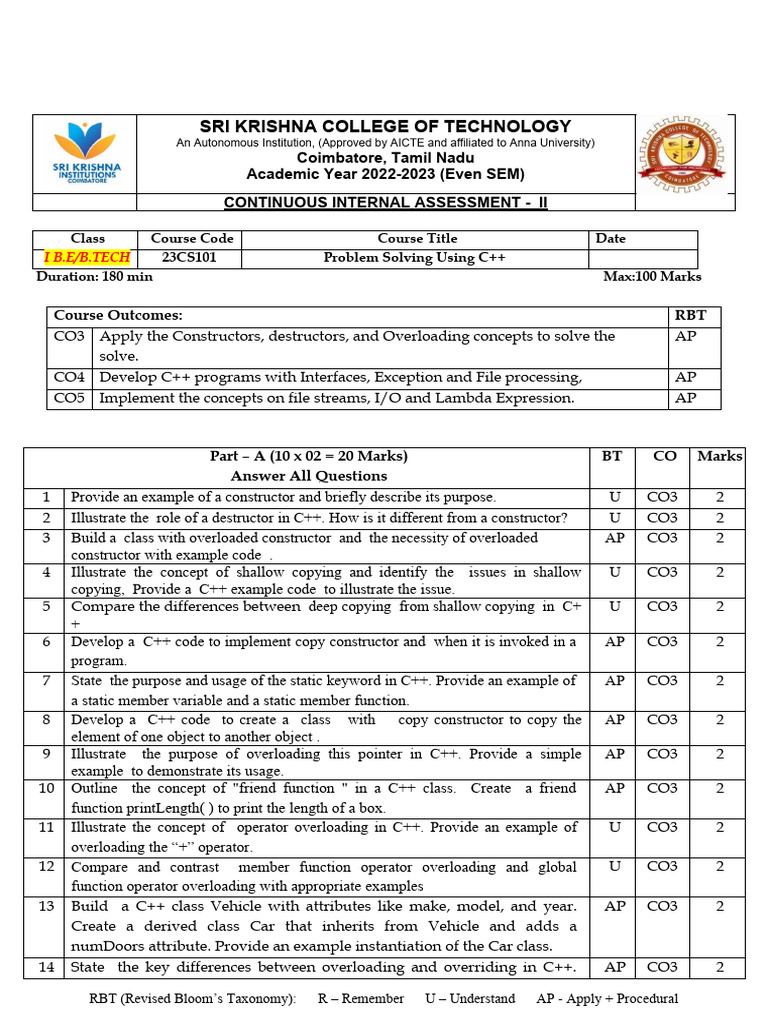 SKCT - CPP Cia2 Cse It Aiml Cys Iot - Qced 9.10.23 11am | Download Free PDF | Method (Computer ...