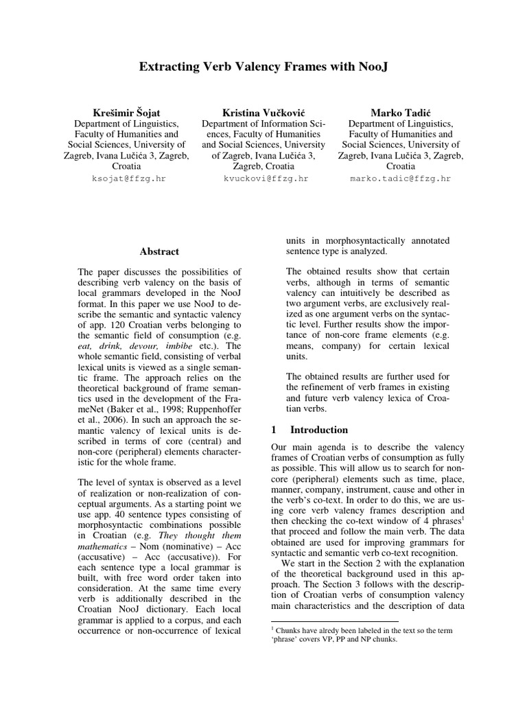 Extracting Verb Valency Frames With Nooj Pdf Semantics Human Communication