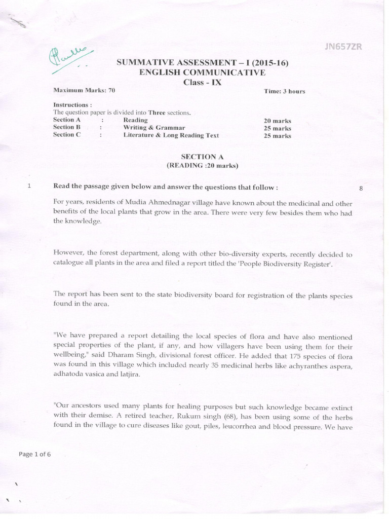 9th GR English Communicative Class IX Sample Paper | PDF