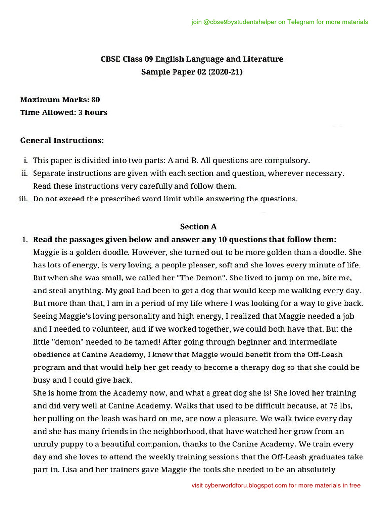 9th GR English Language Sample Papers - 2 | PDF