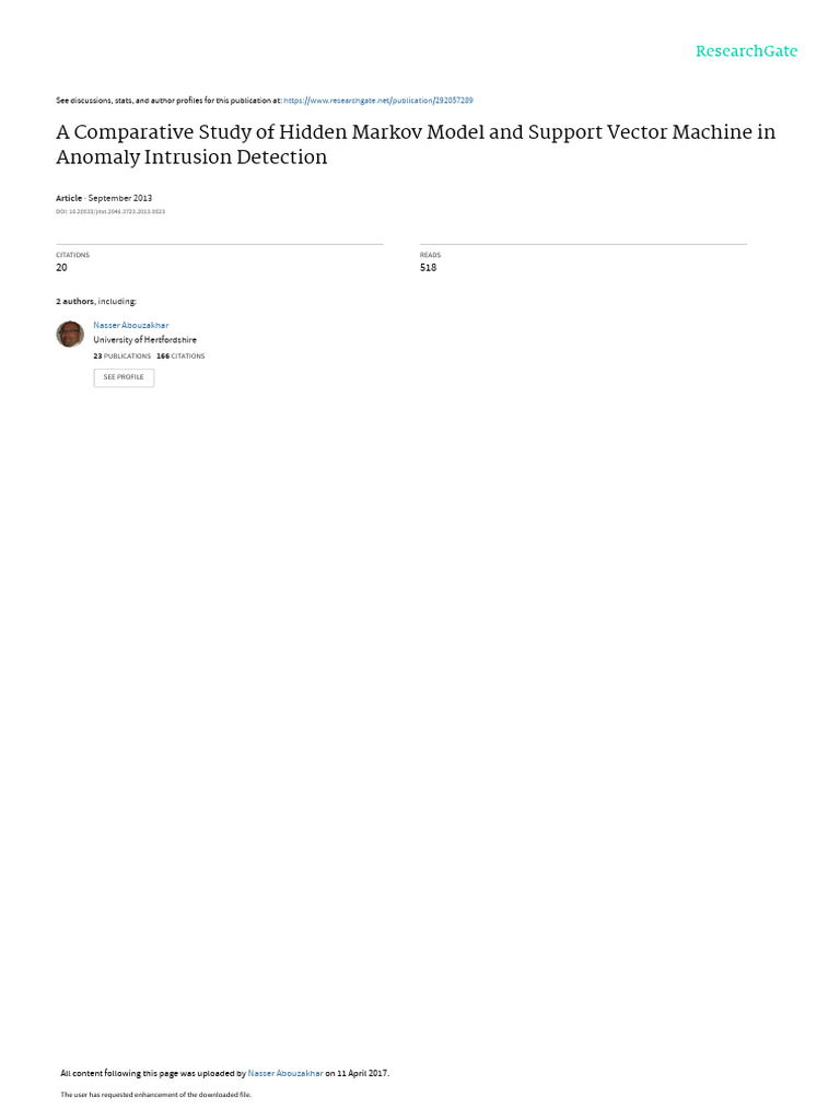 A Comparative Study of Hidden Markov Model and Sup | PDF | Support Vector Machine | Machine Learning