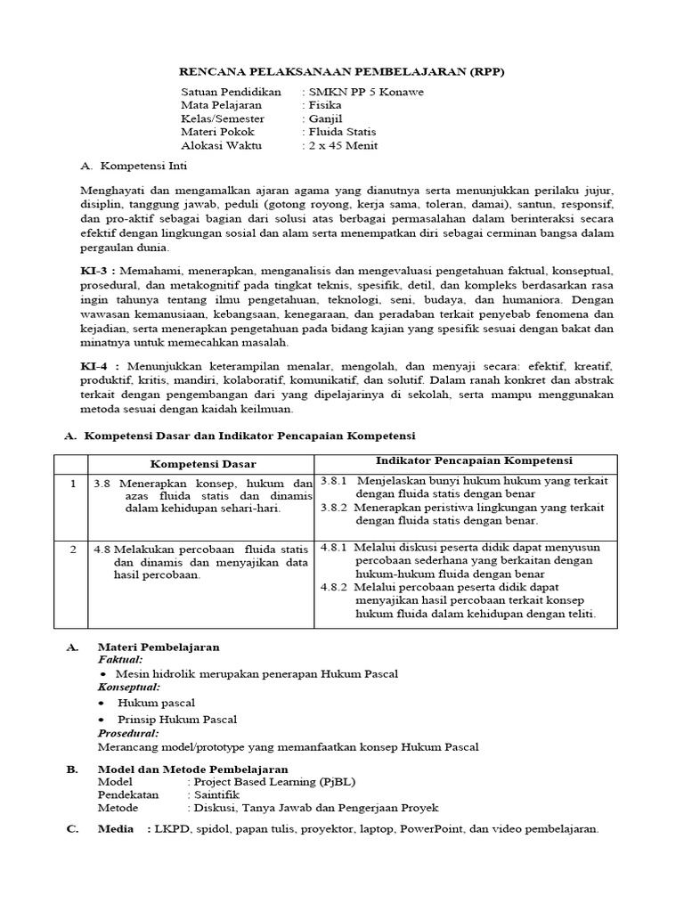 RPP Hukum Pascal Dengan Menggunakan Model Project Based Learning (PJBL) | PDF