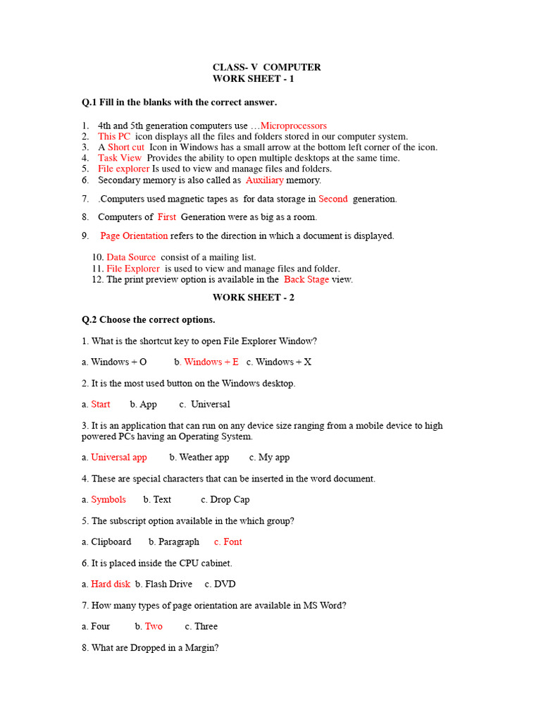 5th Computer Worksheet Solution t1 | PDF | Computer Memory | Read Only Memory