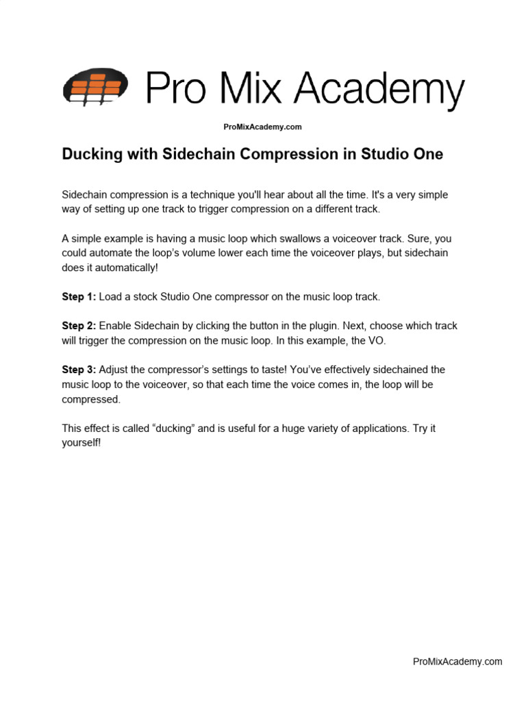 Ducking With Sidechain Compression in Studio One | PDF