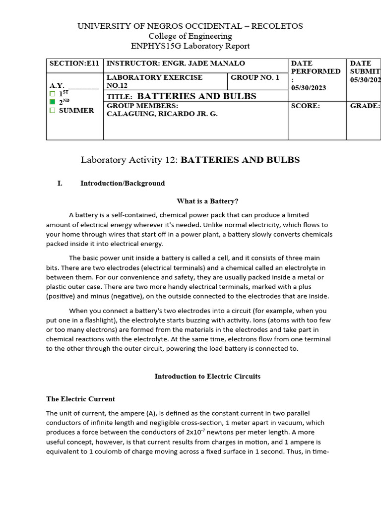Enphys15g - Laboratory Manual 12 - Batteries and Bulbs | PDF | Voltage ...