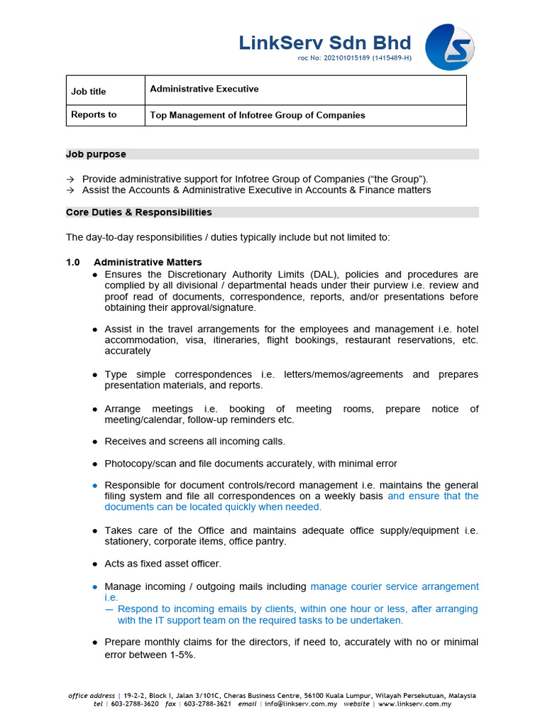 Linkserv SDN BHD: Job Purpose | PDF | Business | Economies