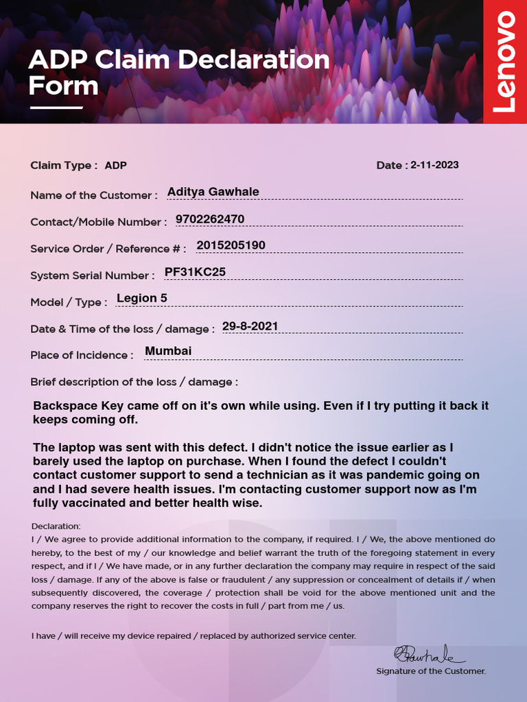 Lenovo ADP Claim Declaration Form | PDF | Business | Law