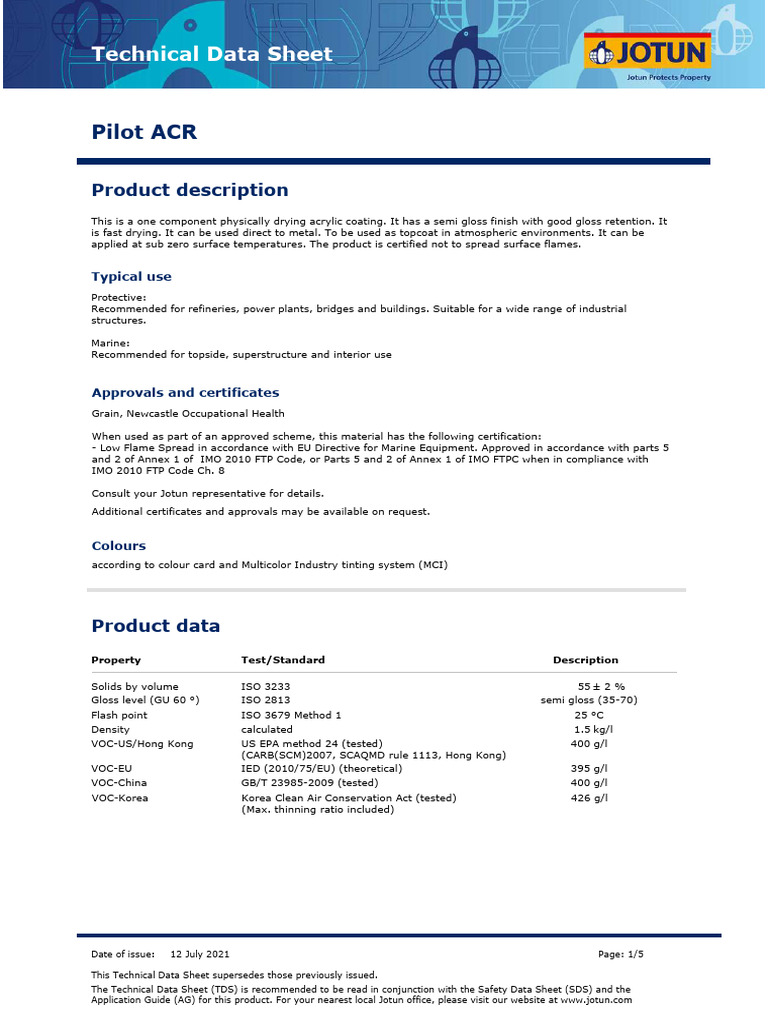 Pilot ACR Technical Data Sheet | PDF | Paint | Physical Sciences
