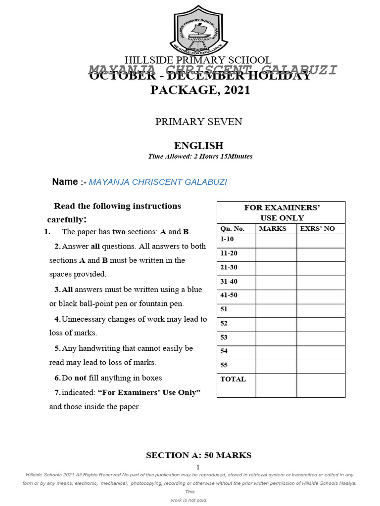 P7 English Exam Paper 2021 | PDF