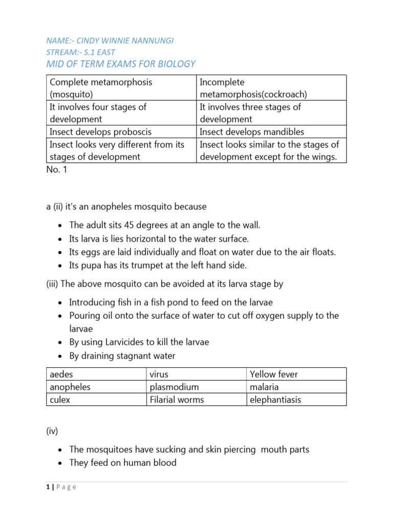 Biology Exam Answer Sheet For Mid Term Exams | PDF | Mosquito | Leaf