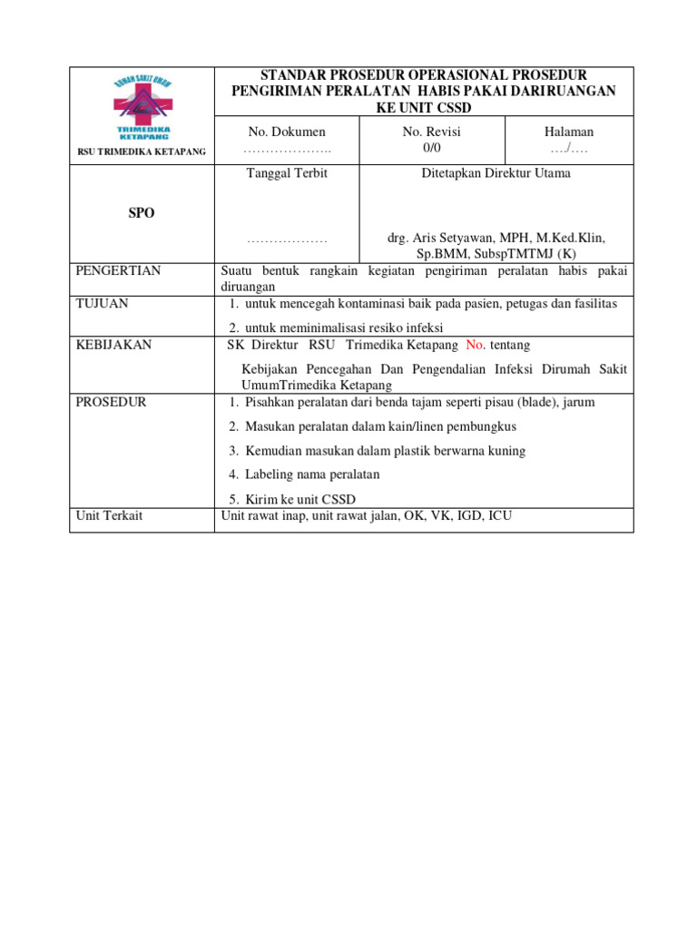 1.sop Prosedur Pengiriman Peralatan Habis Pakai Dari Ruangan Ke Unit CSSD | PDF