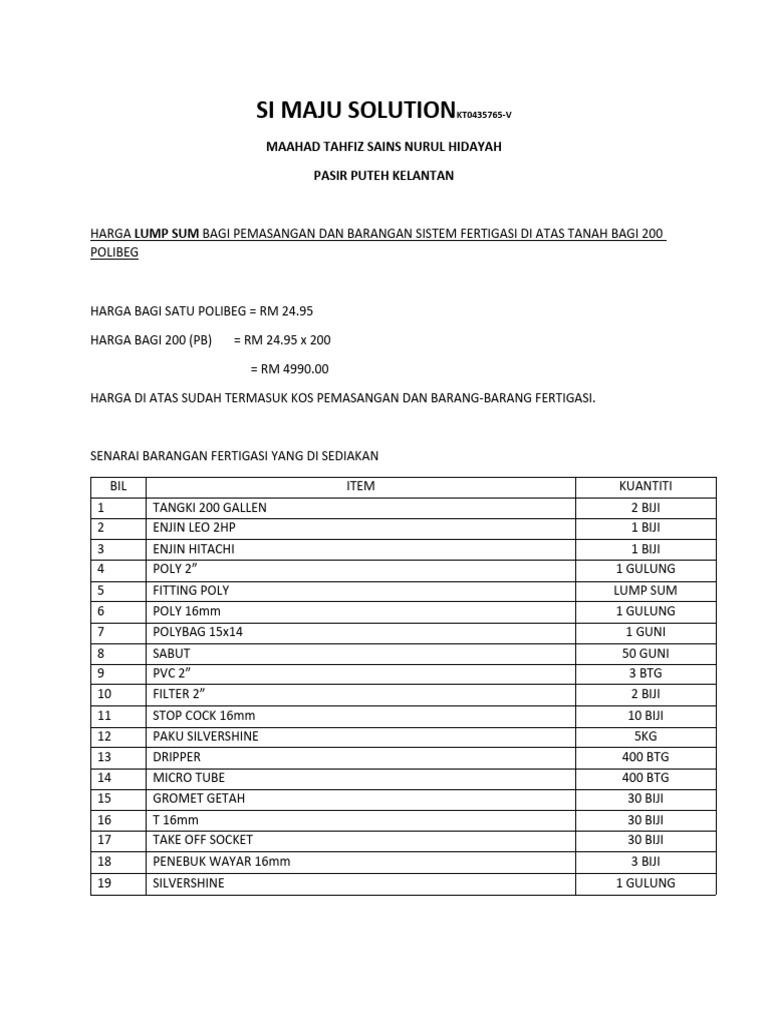 Fertigasi Atas Tanah MAAHAD 1000PB SI MAJU | PDF