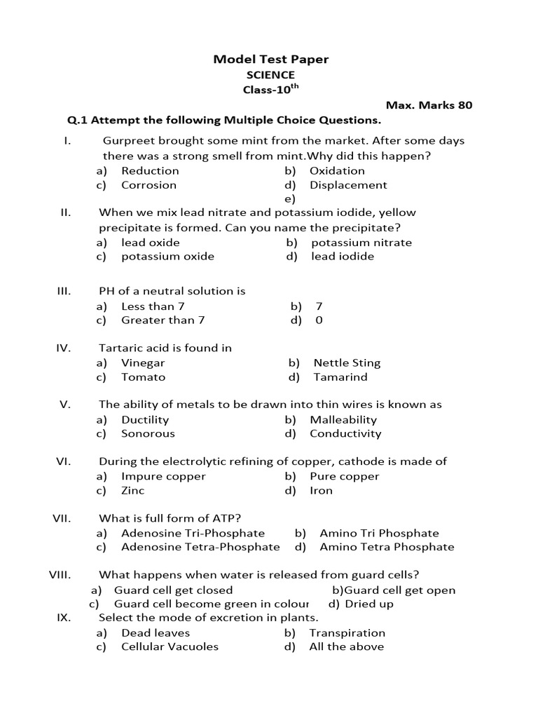 10th Science Model Test Paper | PDF | Copper | Chemical Substances