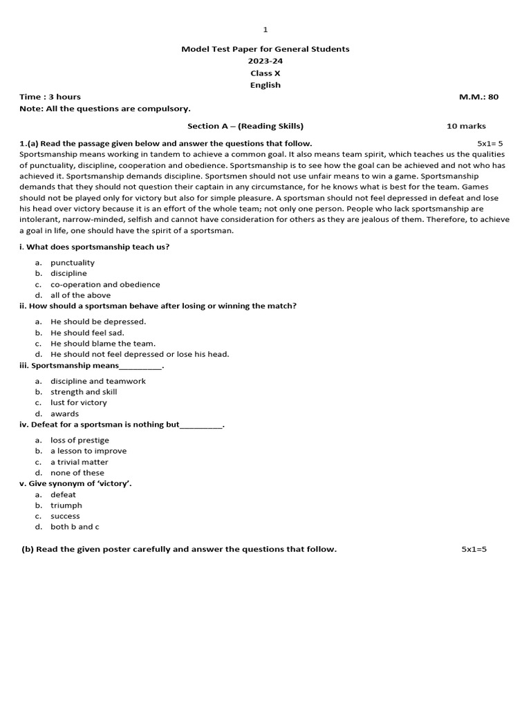 10th English Model Test Paper General Students 2023-24 | PDF ...