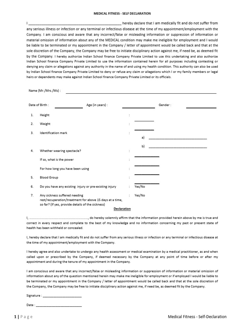 Medical Fitness - Self Declaration | Download Free PDF | Infection ...