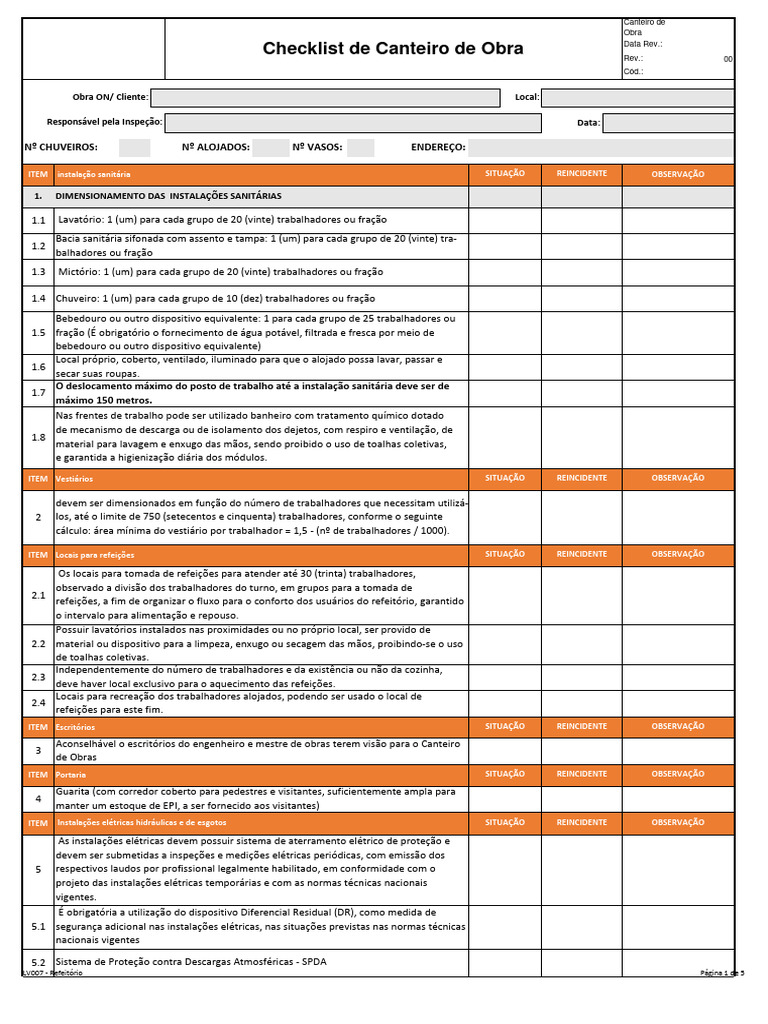 Check List de Canteiro de Obra - 2023 | PDF | Bens manufaturados | Engenharia Civil