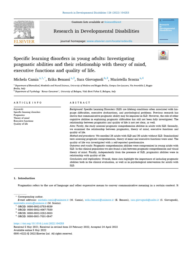 Specific Learning Disorders in Young Adults Investigating Pramactic Abilities and Their ...