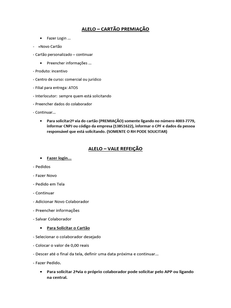 Passo A Passo - Cartão Alelo VR e Premiação | PDF