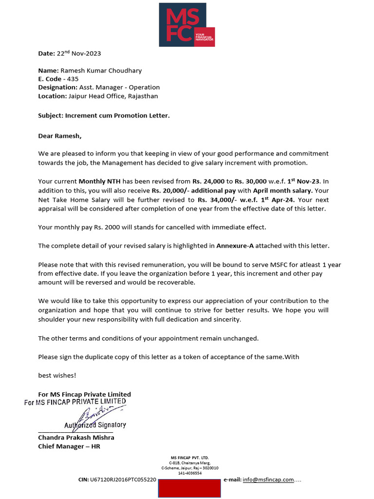 Increment Cum Promotion Letter | PDF | Business Ethics | Factor Income ...