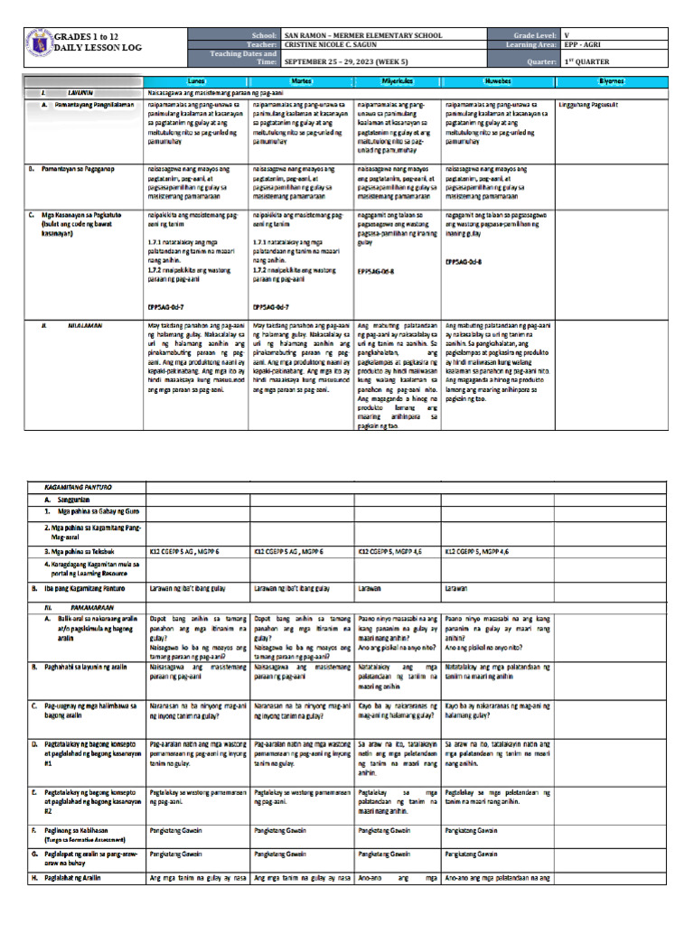DLL - Epp 5 - Q1 - W5 - Agri | PDF | Science & Mathematics