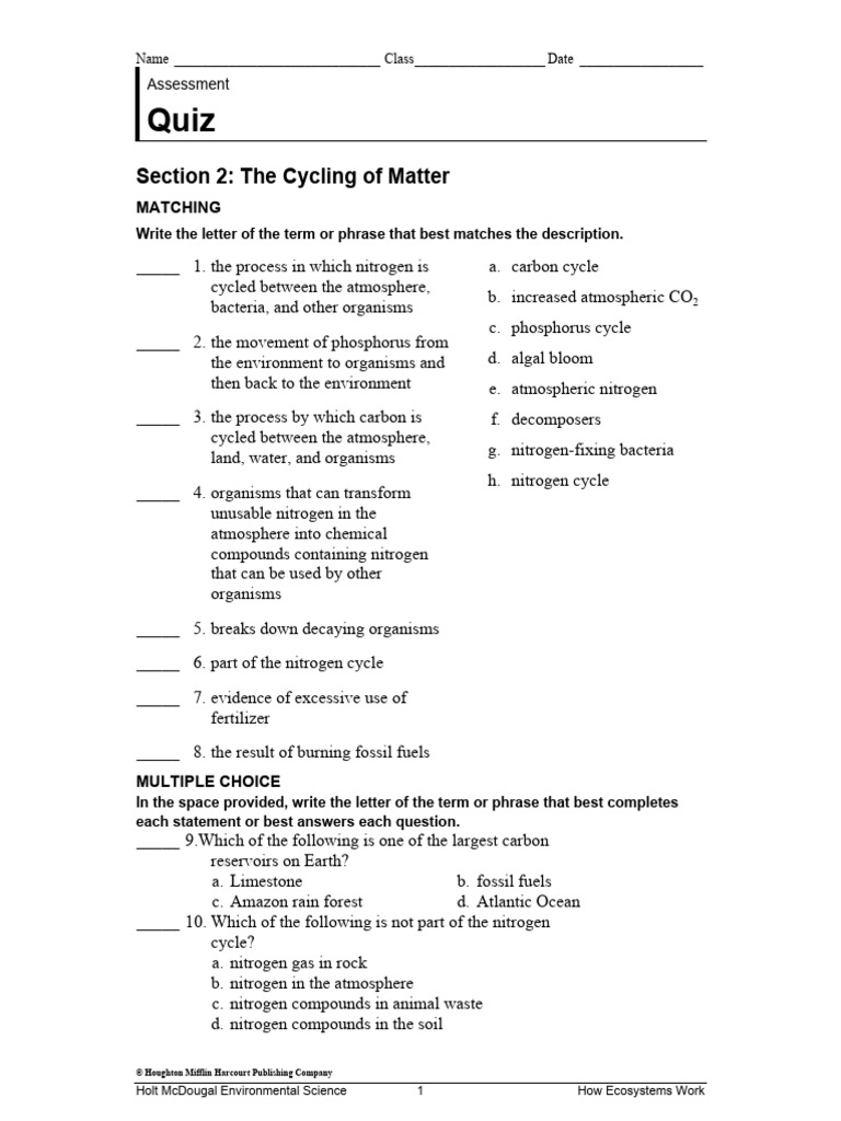 Cycling of Matter Quiz Assessment | PDF