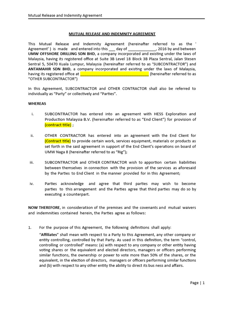 Mutual Release and Indemnity Agreement 211016 UOD Antamahir | PDF ...