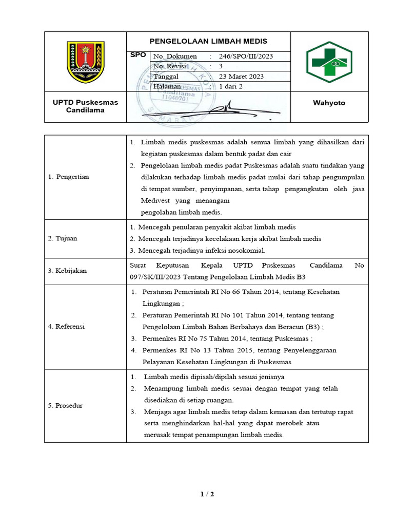 2023 Spo Pengelolaan Limbah Medis | PDF