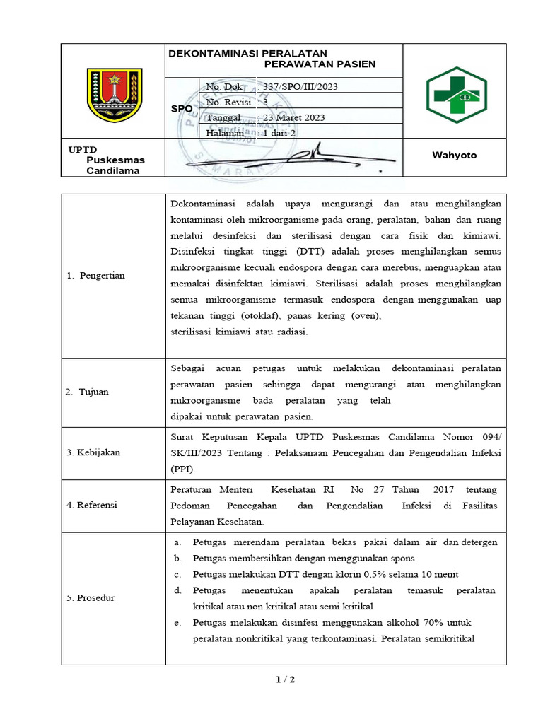 2023 Spo Dekontaminasi Peralatan Perawatan Pasien | PDF | Sains & Matematika