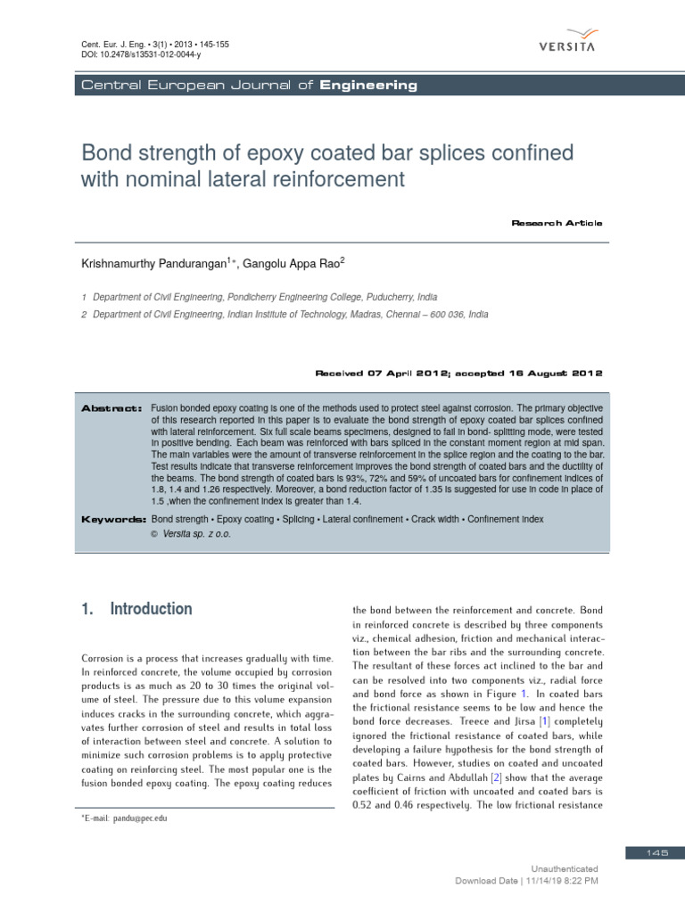 (Open Engineering) Bond Strength of Epoxy Coated Bar Splices Confined ...