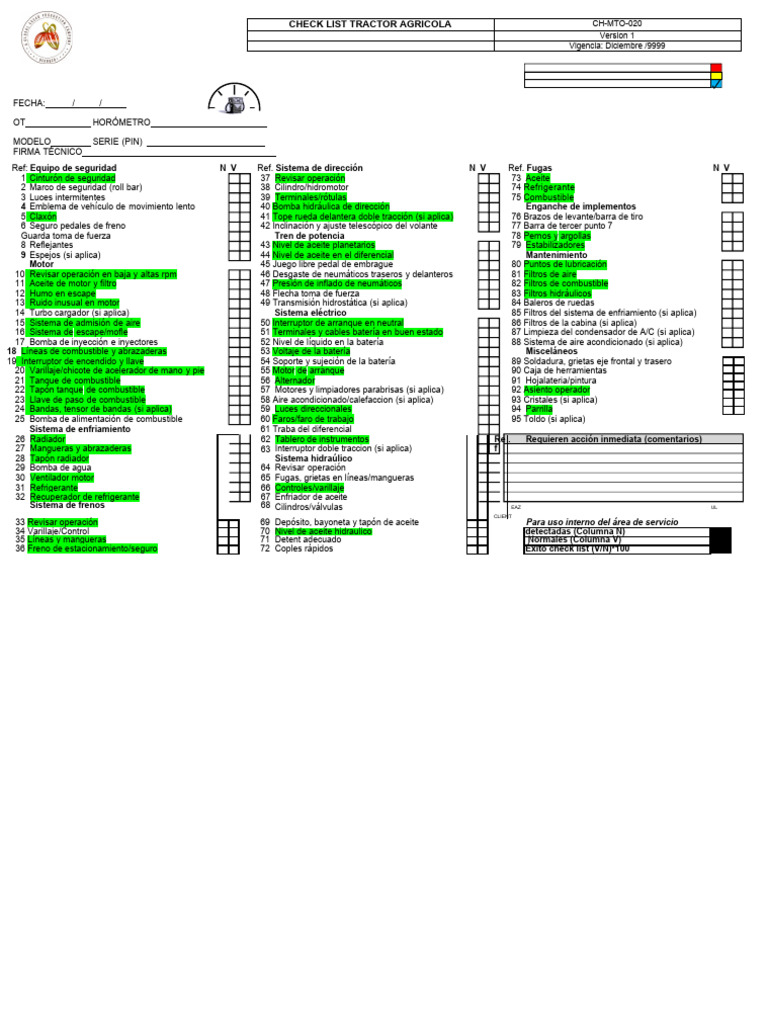 Formato Checklist Tractor | Descargar gratis PDF | Tractor | Aceite de ...