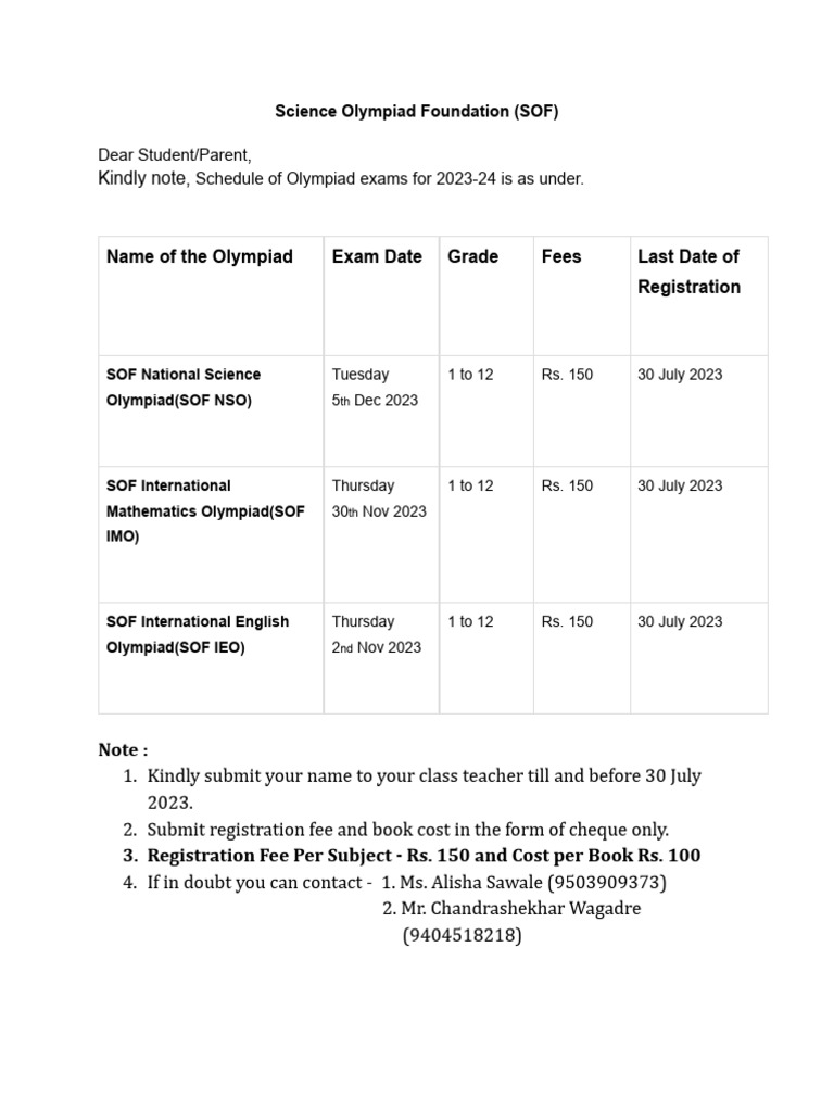 2023-24 SOF Olympiad Exam Schedule | PDF