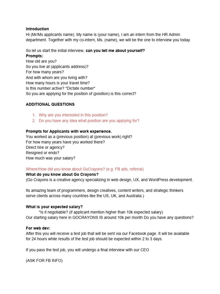 Applicant Interview Script | PDF