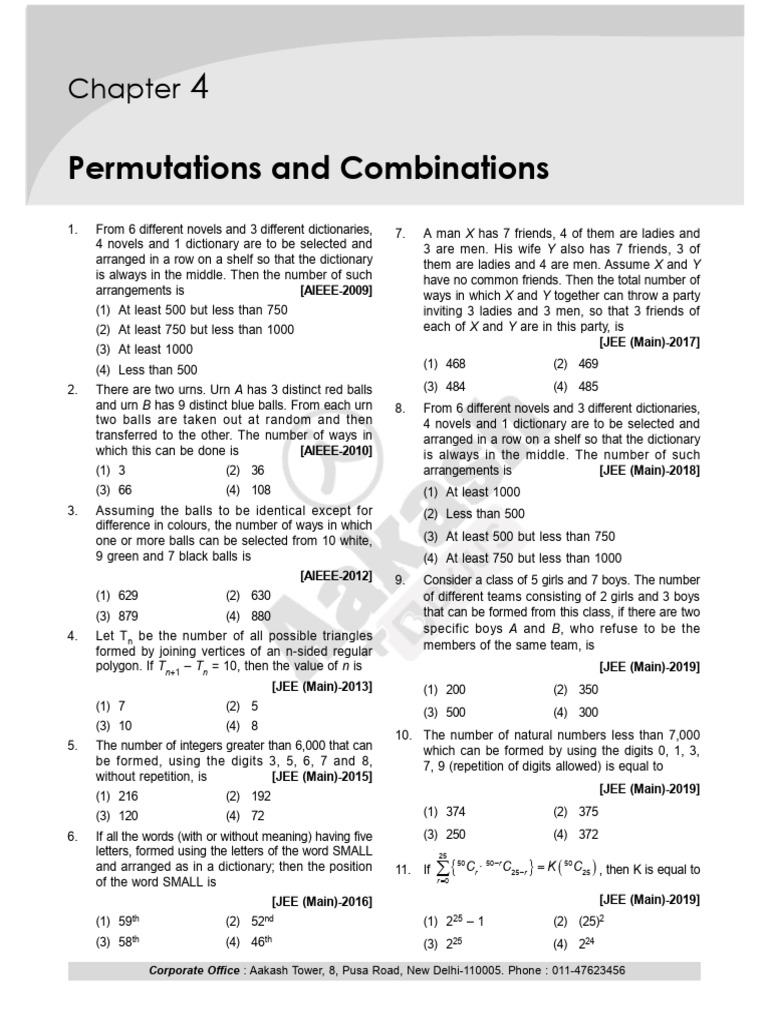 Permutations and Combinations Exercises | PDF | Mathematics | Elementary Mathematics