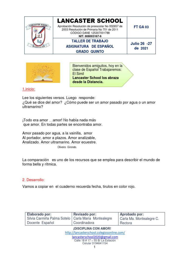El Símil - Julio 26, 27 - Grado 5° | PDF