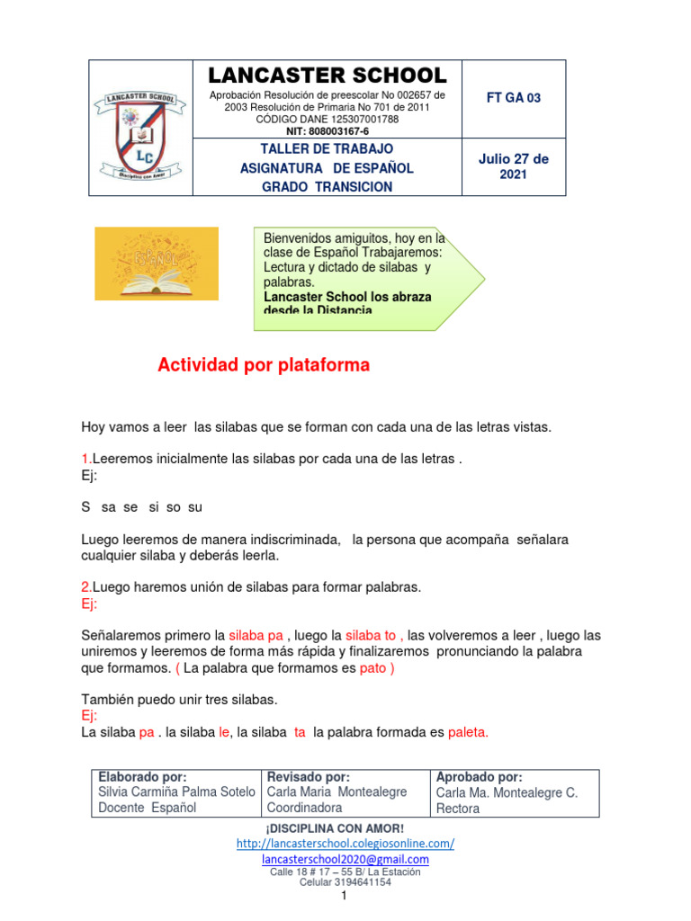 Lectura y Dictado de Silabas y Palabras .Julio 27 | PDF | Escritura