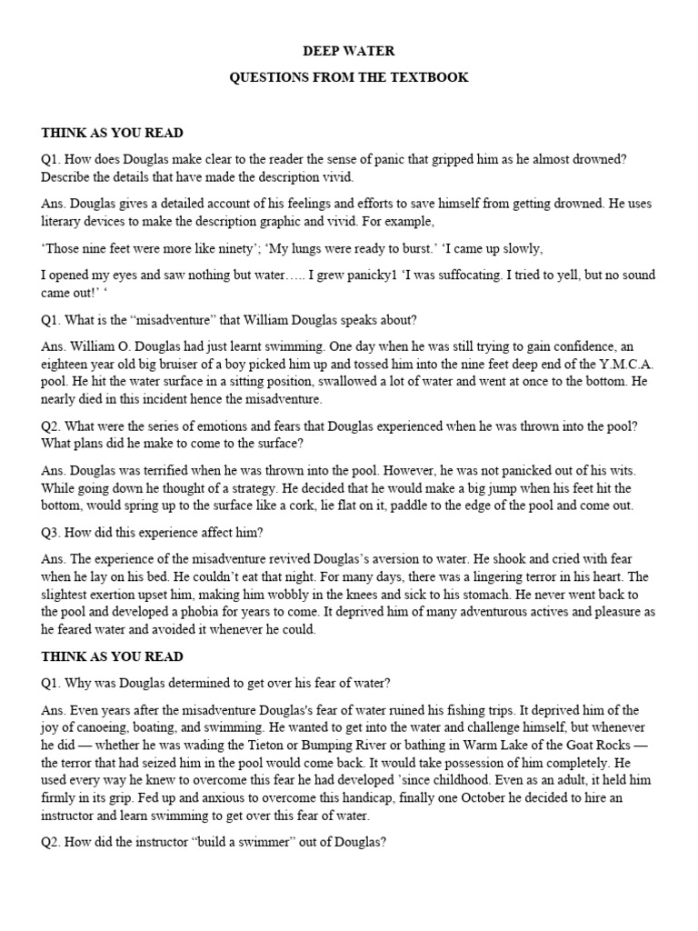 Deep Water Textual Questions With Answers | PDF | Swimming Deep Water Textual Questions With Answers | PDF | Swimming