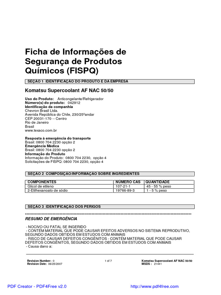 FISPQ Líquido de Arrefecimento | PDF | Cloreto de polivinila (PVC ...