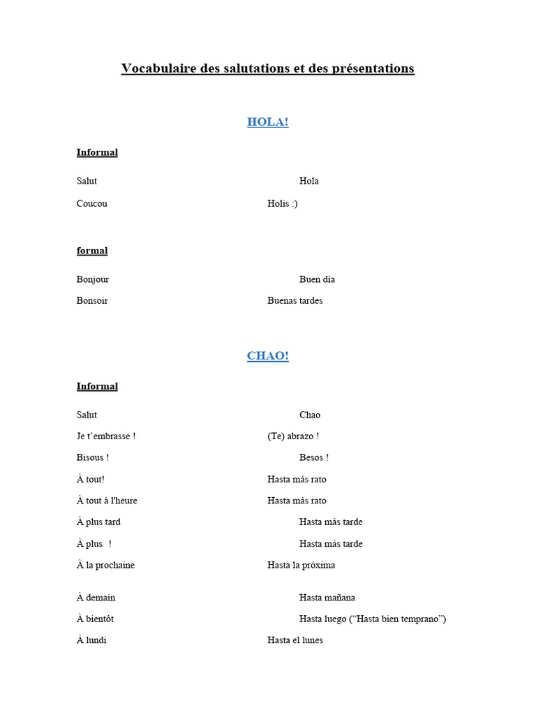Vocabulaire des salutations et présentations | PDF | Conventions ...