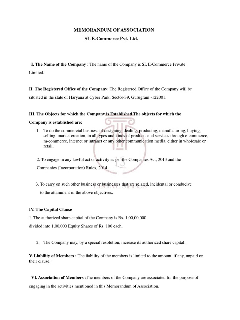 Memorandum of Association | PDF | Companies | Private Law