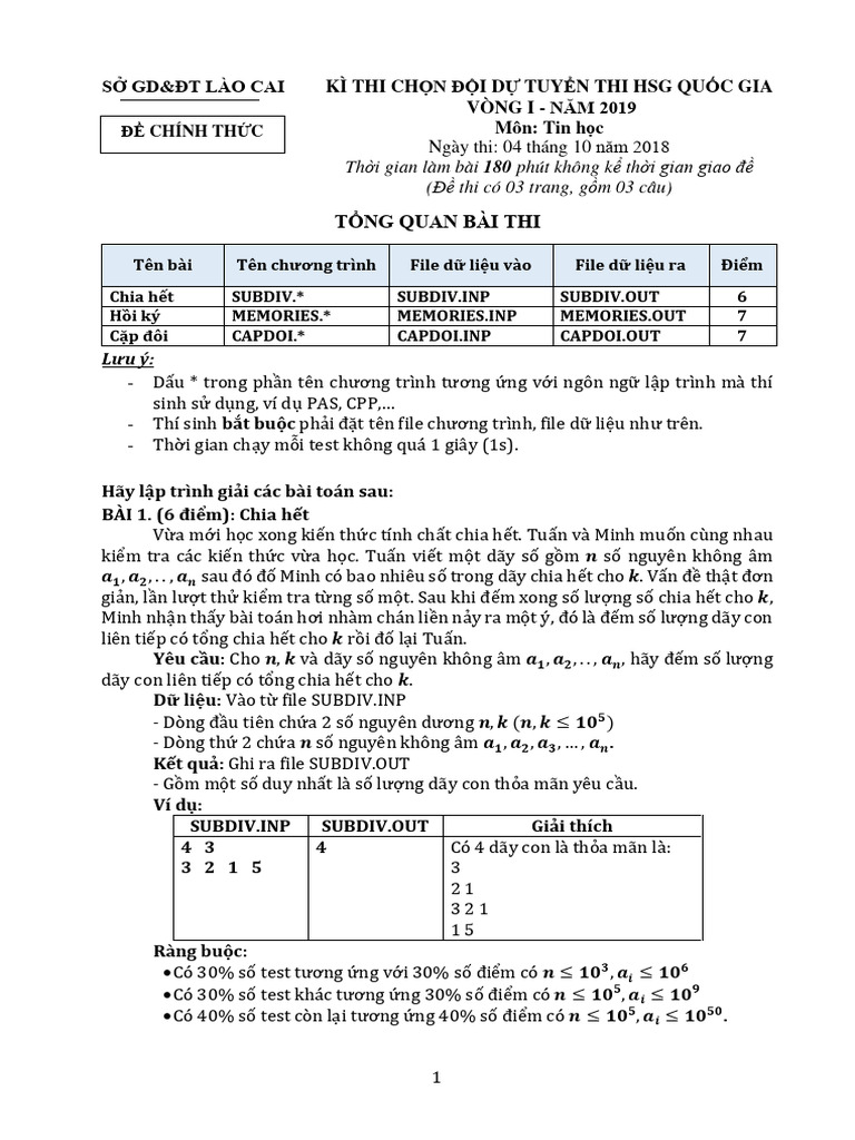 De Mon Tin Hoc Chon Doi Tuyen Du Thi HSG Quoc Gia Nam 2019 | PDF