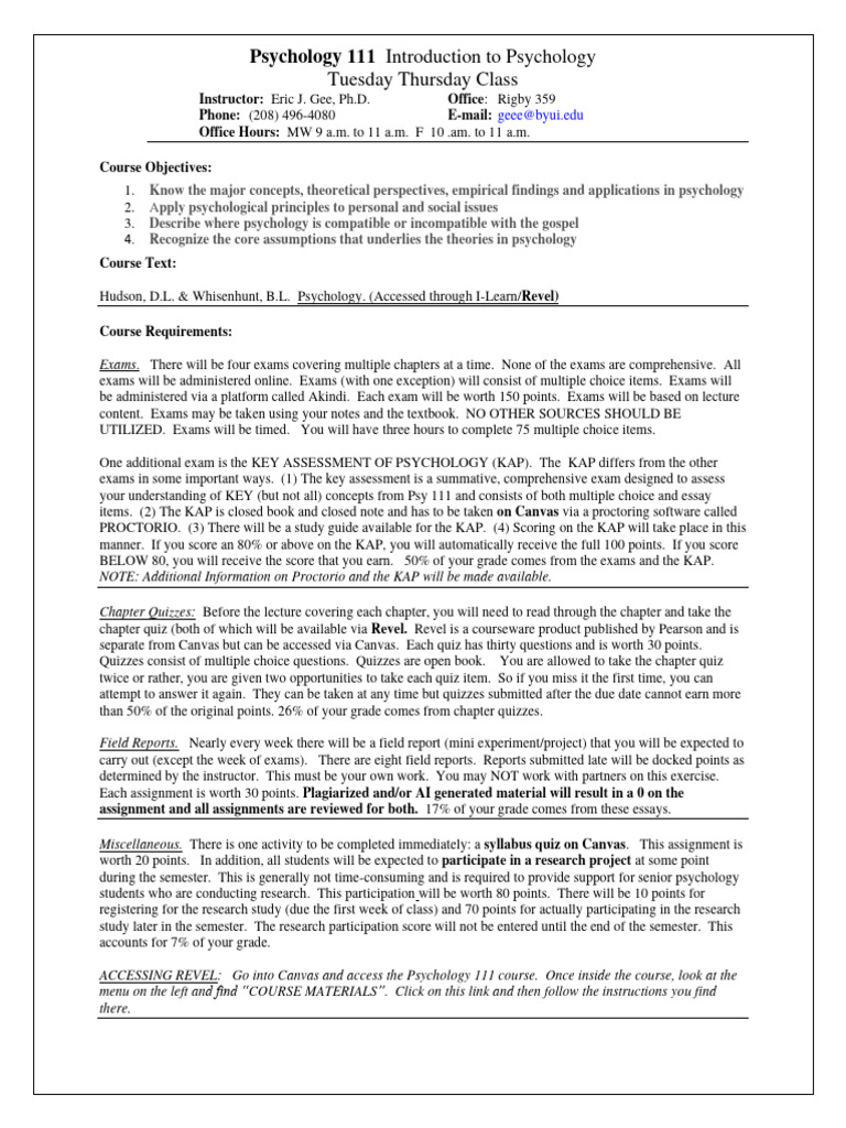 Psychology 111 Fall 2023 T H | PDF | Psychology | Multiple Choice