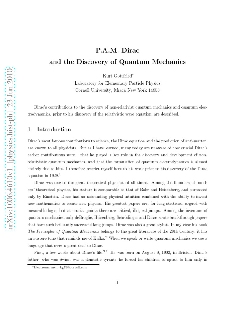 P.A.M. Dirac and The Discovery of Quantum Mechanics | PDF | Quantum ...