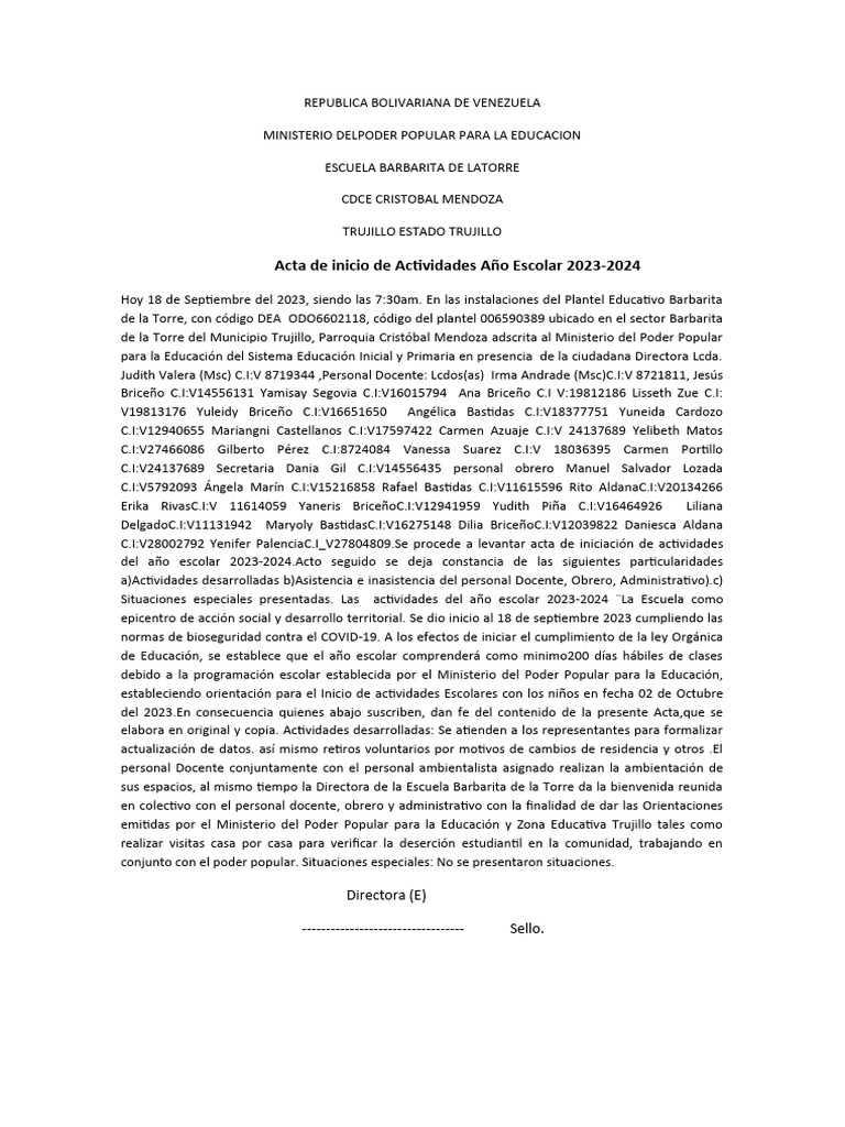 Acta de Inicio Ce Clases 2023'2024 | PDF